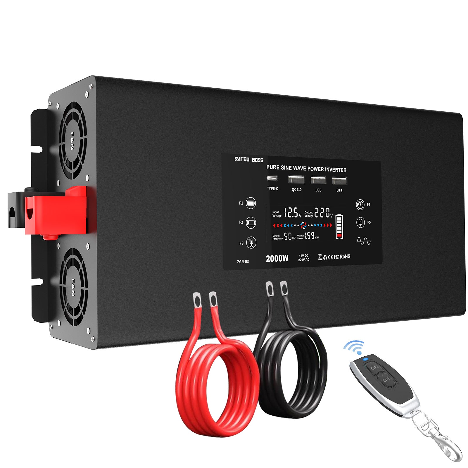 DATOUBOSS 2000W Inverter 12V to 230V Pure Sine Wave Voltage Converter ...