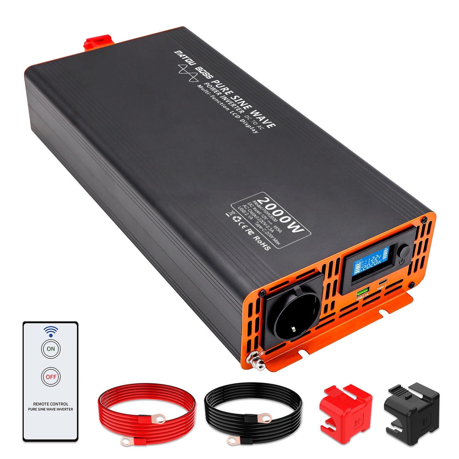 DATOUBOSS 2000W Inverter 12V to 230V Pure Sine Wave Voltage Converter ...