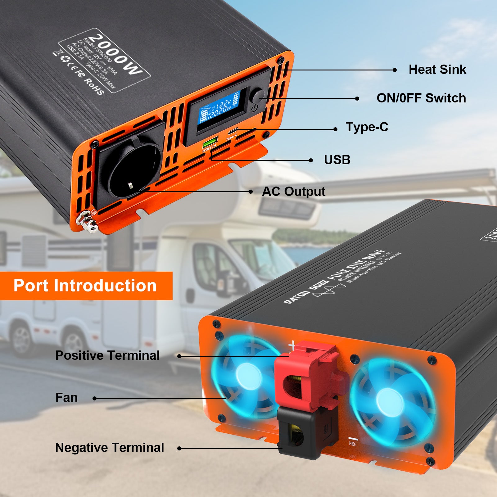 DATOUBOSS 2000W Inverter 12V to 230V Pure Sine Wave Voltage Converter ...